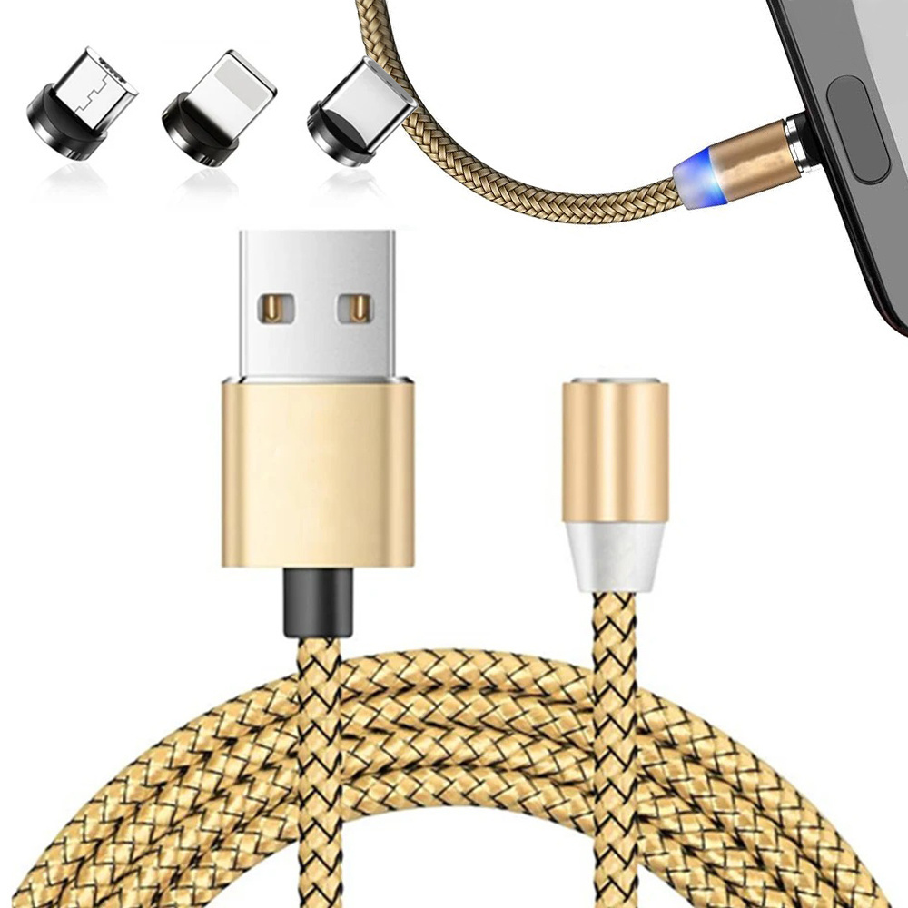 Magnetic charging cable 3w1 micro typ-c usb lightning 1m Gold ...